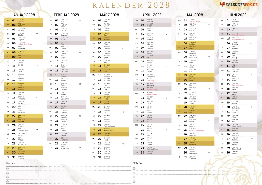 Kalender 2028 zum Ausdrucken PDF : Feitagen + Ferien