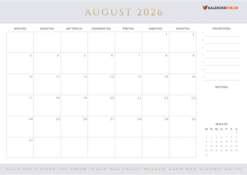 Kalender August 2026 zum Ausdrucken PDF Kostenlos