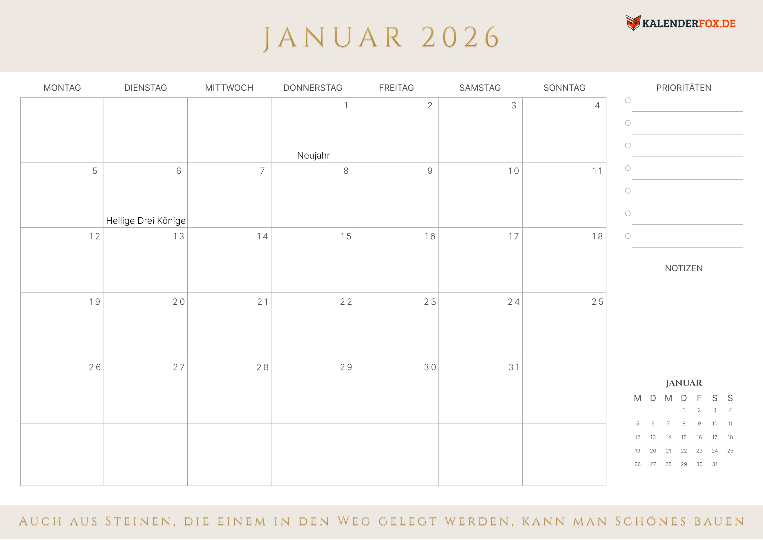 Kalender 2026 zum Ausdrucken PDF : Feitagen + Ferien