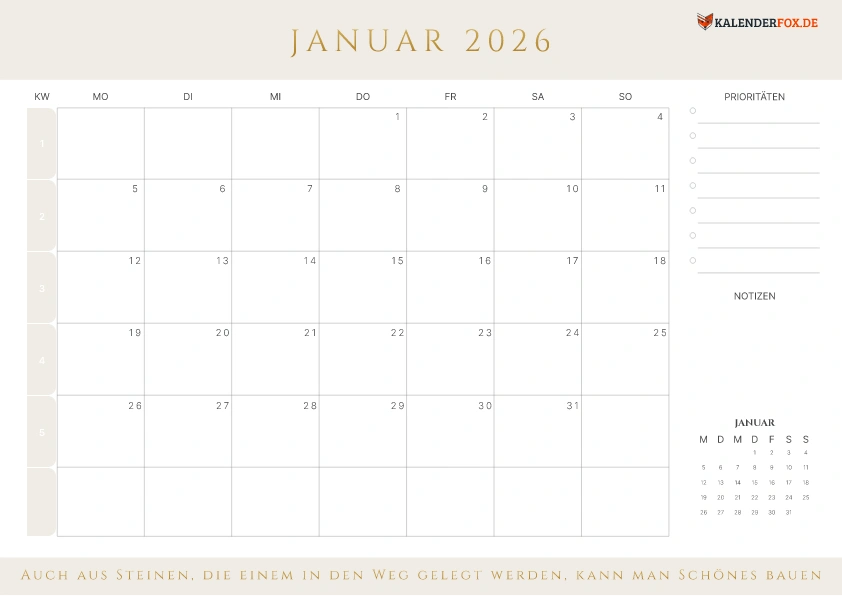 Kalender Januar 2026 zum Ausdrucken PDF Kostenlos
