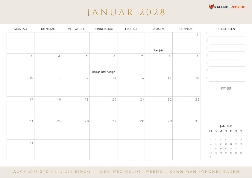 Kalender 2028 zum Ausdrucken PDF : Feitagen + Ferien