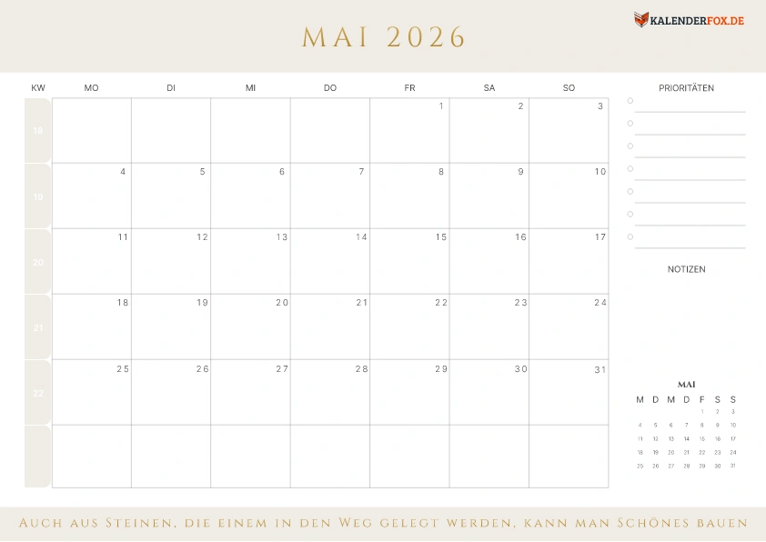 Kalender Mai 2026 zum Ausdrucken PDF Kostenlos