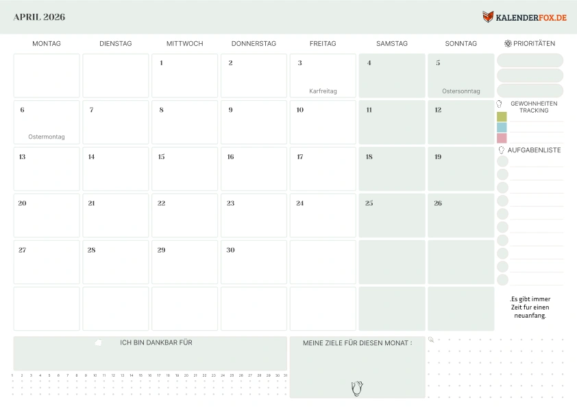 Kalender April 2026 zum Ausdrucken PDF Kostenlos