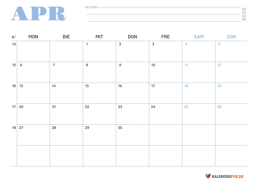 Kalender April 2026 zum Ausdrucken PDF Kostenlos