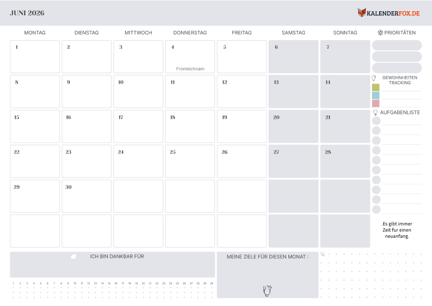 Kalender Juni 2026 zum Ausdrucken PDF Kostenlos