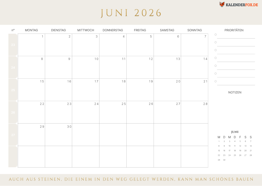 Kalender Juni 2026 zum Ausdrucken PDF Kostenlos